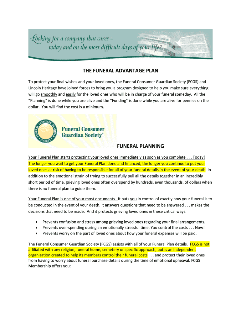 Fillable Online THE FUNERAL ADVANTAGE PLAN Fax Email Print - pdfFiller