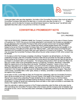 Fillable Online oce-ontario Convertible Promissory Note - Market ...