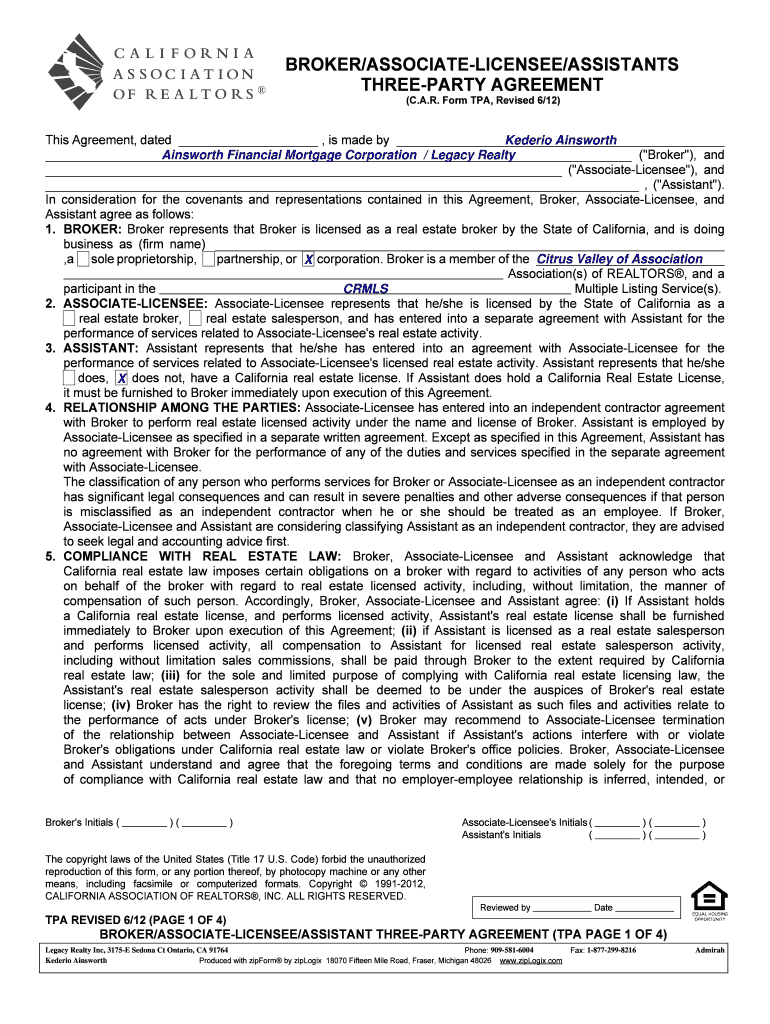 Bbrokerbassociate-licenseeassistants Three-party Agreement - Fill and ...