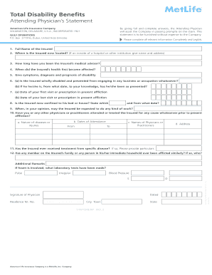 Fillable Online metlife Permanent Total Disability Physicians Statement ...