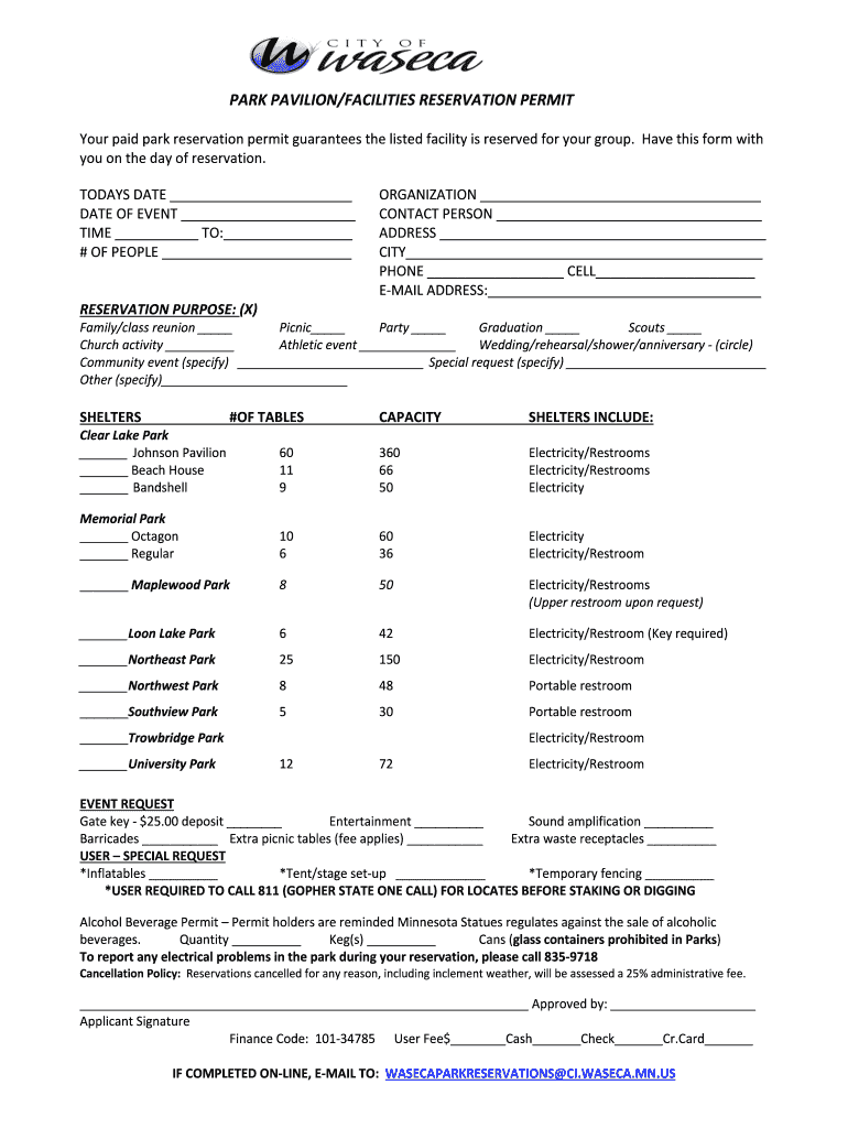Fillable Online 2016 PARK RESERVATION FORM Fax Email Print - pdfFiller