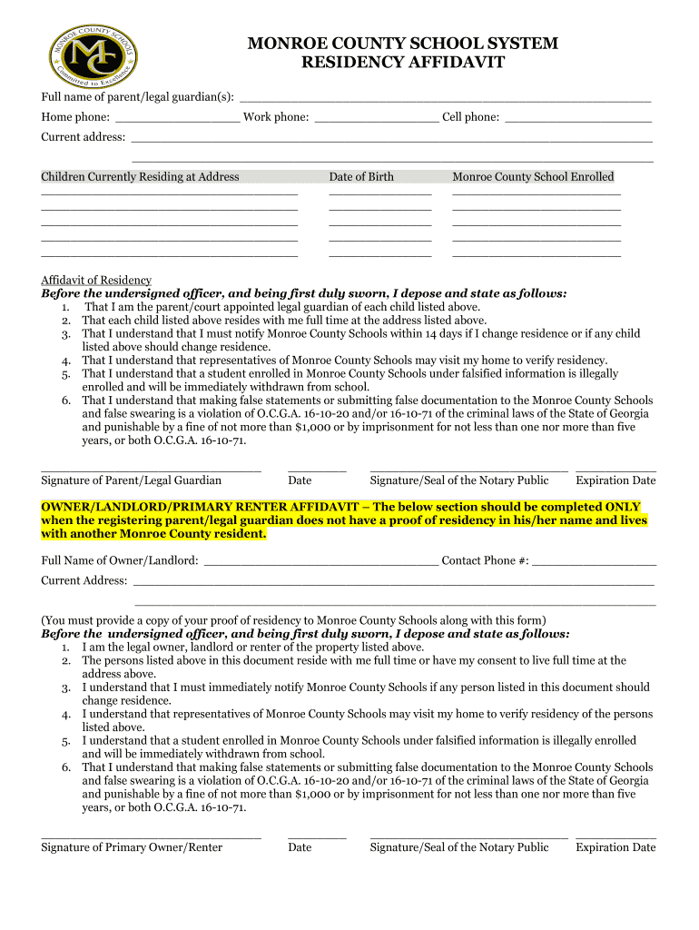 Fillable Online images pcmac MONROE COUNTY SCHOOL SYSTEM RESIDENCY AFFIDAVIT - PCMAC - images ...