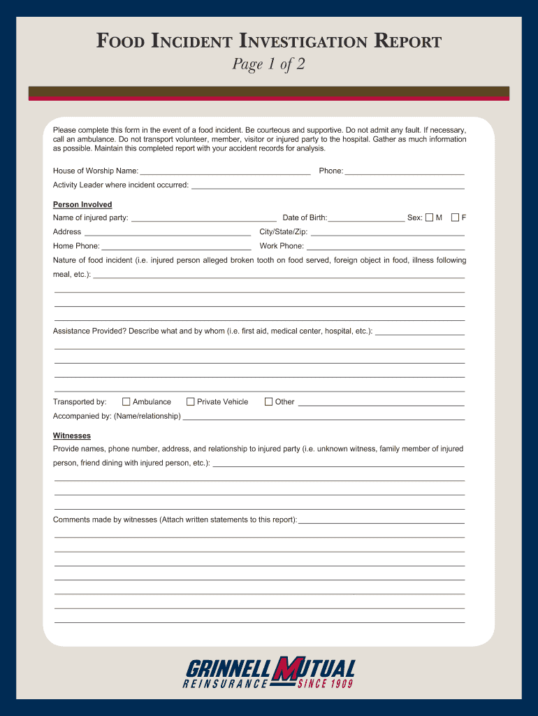 Fillable Online FOOD INCIDENT INVESTIGATION REPORT Page 1 of 2 Fax ...