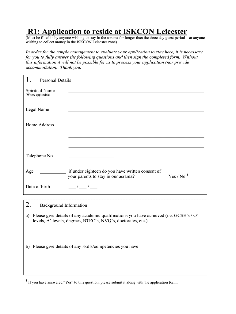Fillable Online gauranga R1 Application to reside at ISKCON Leicester ...