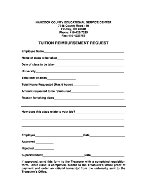 Fillable Online hancockesc TUITION REIMBURSEMENT REQUEST - Hancock ESC Fax Email Print - pdfFiller