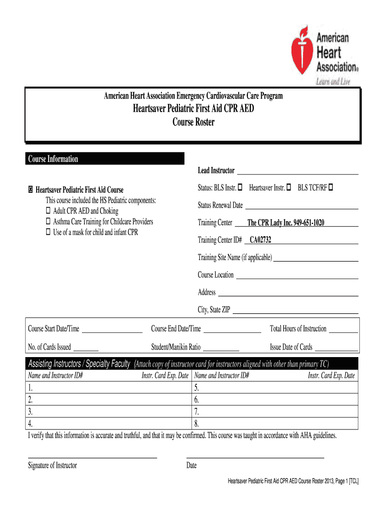 Fillable Online Heartsaver Pediatric First Aid CPR AED Course Roster ...