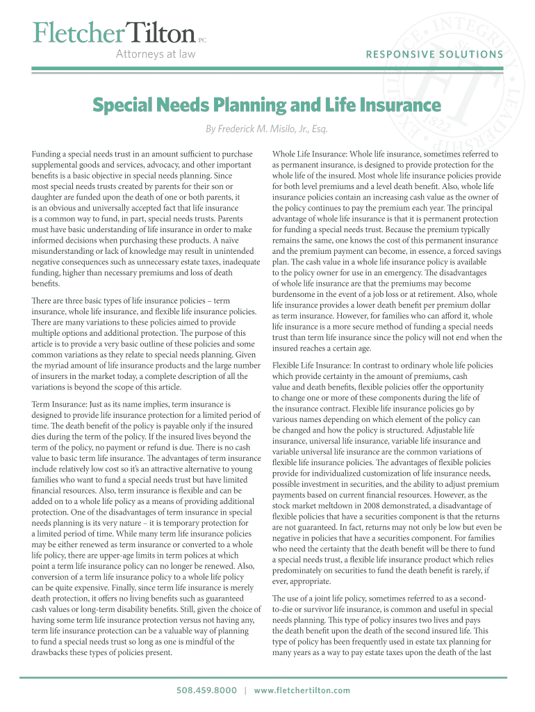 Fillable Online Special Needs Planning and Life Insurance - Fletcher ...