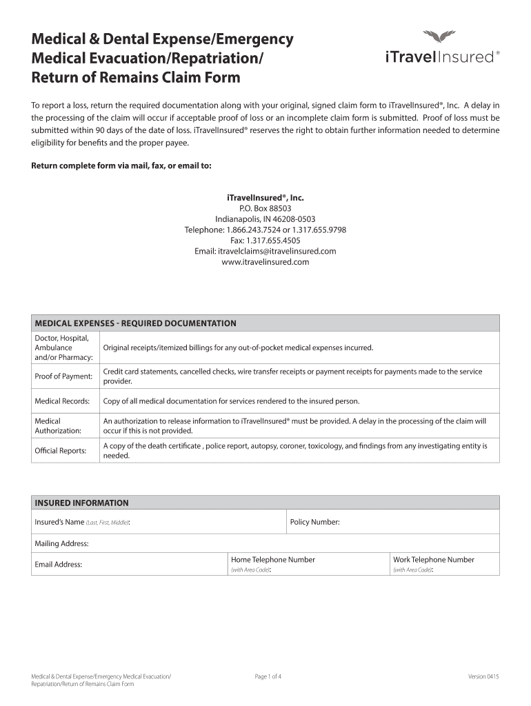 Fillable Online Medical amp Dental ExpenseEmergency Medical Evacuation ...