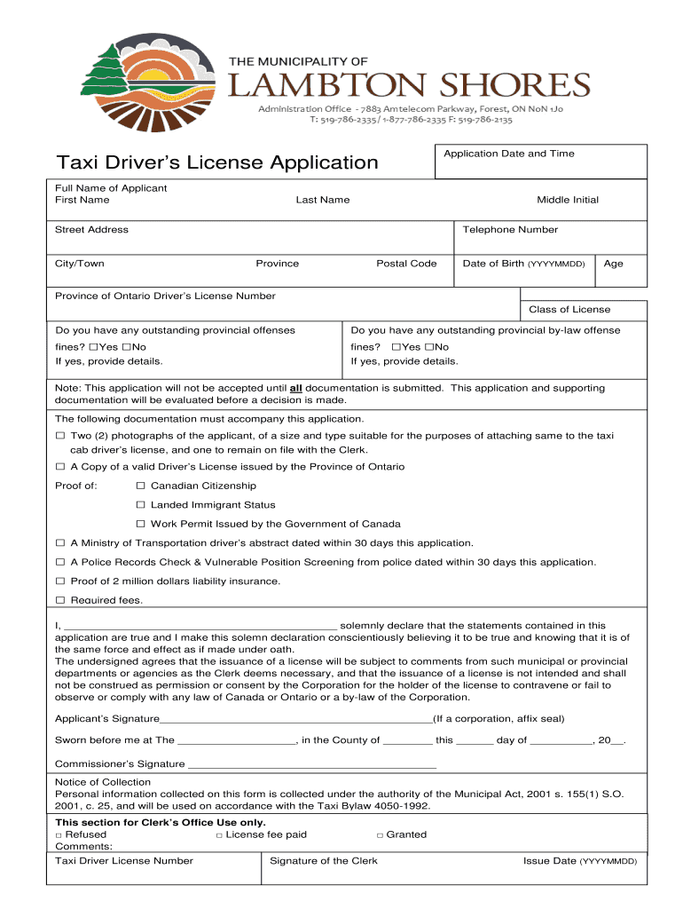 Fillable Online Taxi Drivers License Application - Lambton Shores Fax ...