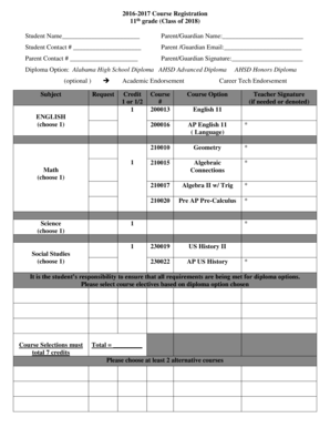 Fillable Online ahs arabcityschools 11th Grade Course Selection Sheet ...