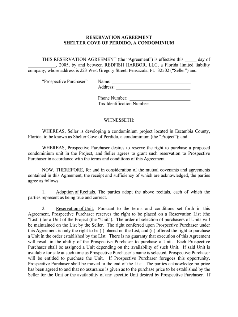 Fillable Online RESERVATION AGREEMENT SHELTER COVE OF PERDIDO A CONDOMINIUM Fax Email Print ...