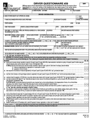 Fillable Online DRIVER QUESTIONNAIRE 29 DIARY WARNING DRIVER ...