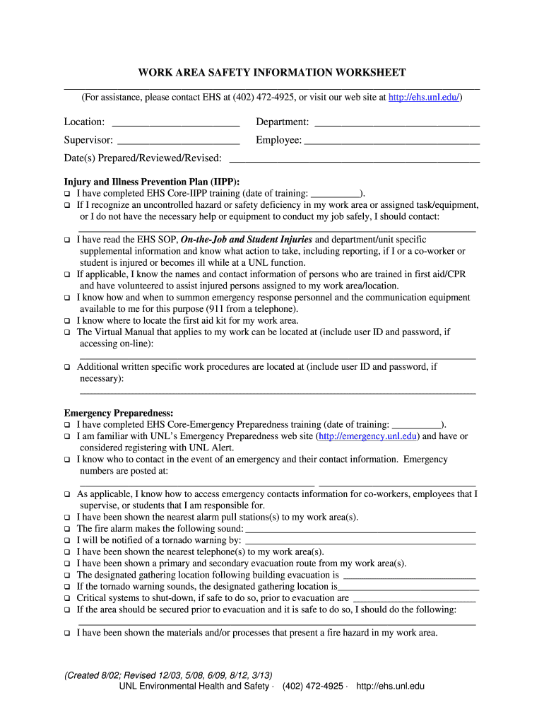 Fillable Online WORK AREA SAFETY INFORMATION WORKSHEET Location Fax ...