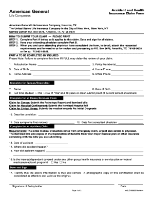 Fillable Online Accident and Health Insurance bClaimb Form ...