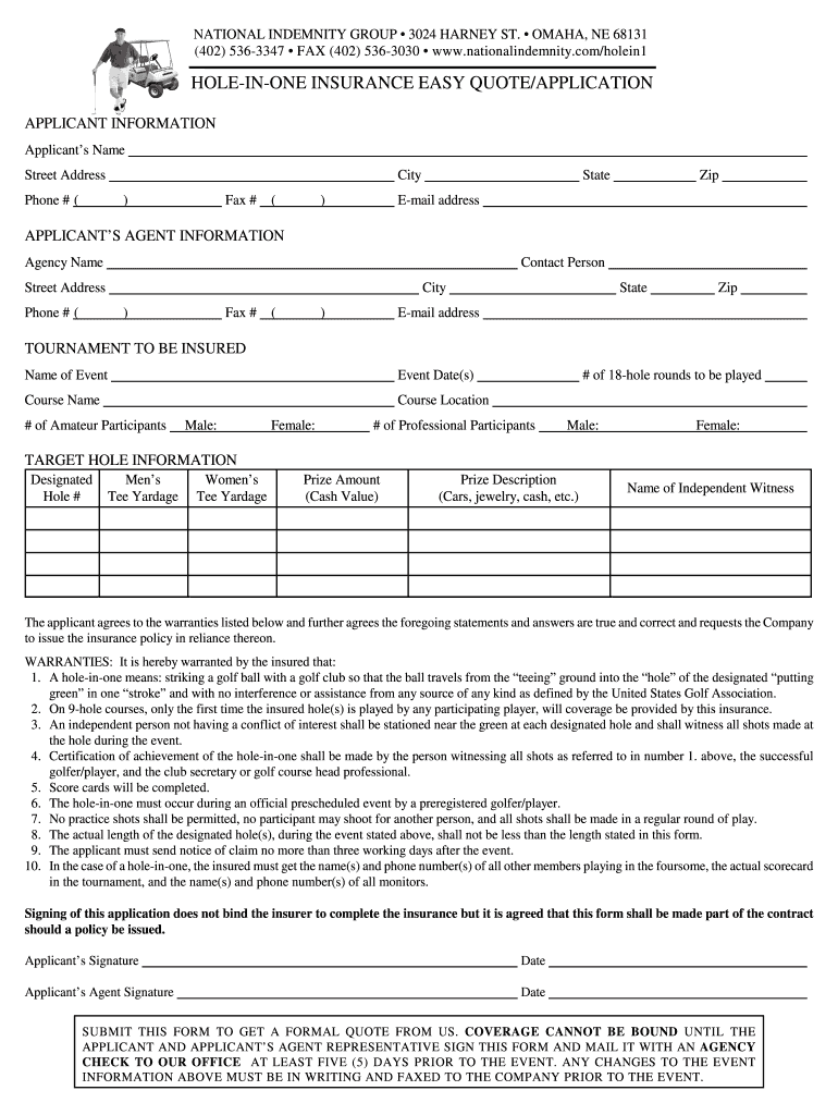 Fillable Online HOLE-IN-ONE INSURANCE EASY QUOTEAPPLICATION Fax Email ...