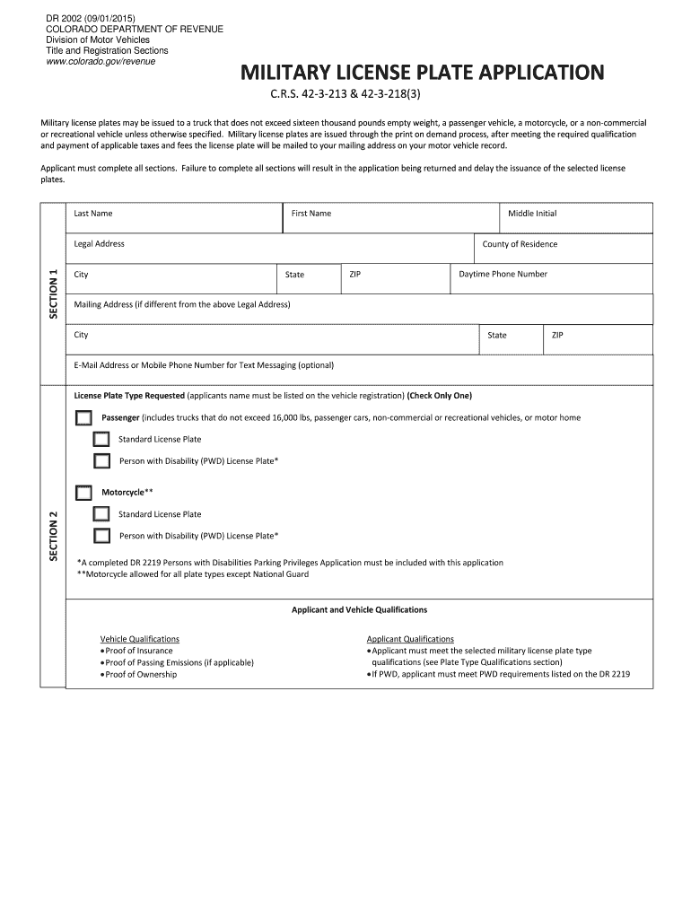 Fillable Online Wwwcoloradogovrevenue MILITARY LICENSE PLATE ...
