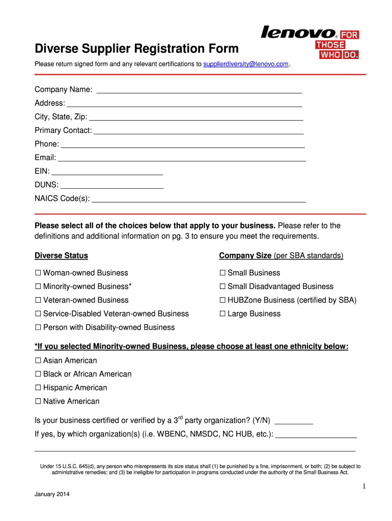 Fillable Online Diverse Supplier Registration Form Please return signed ...