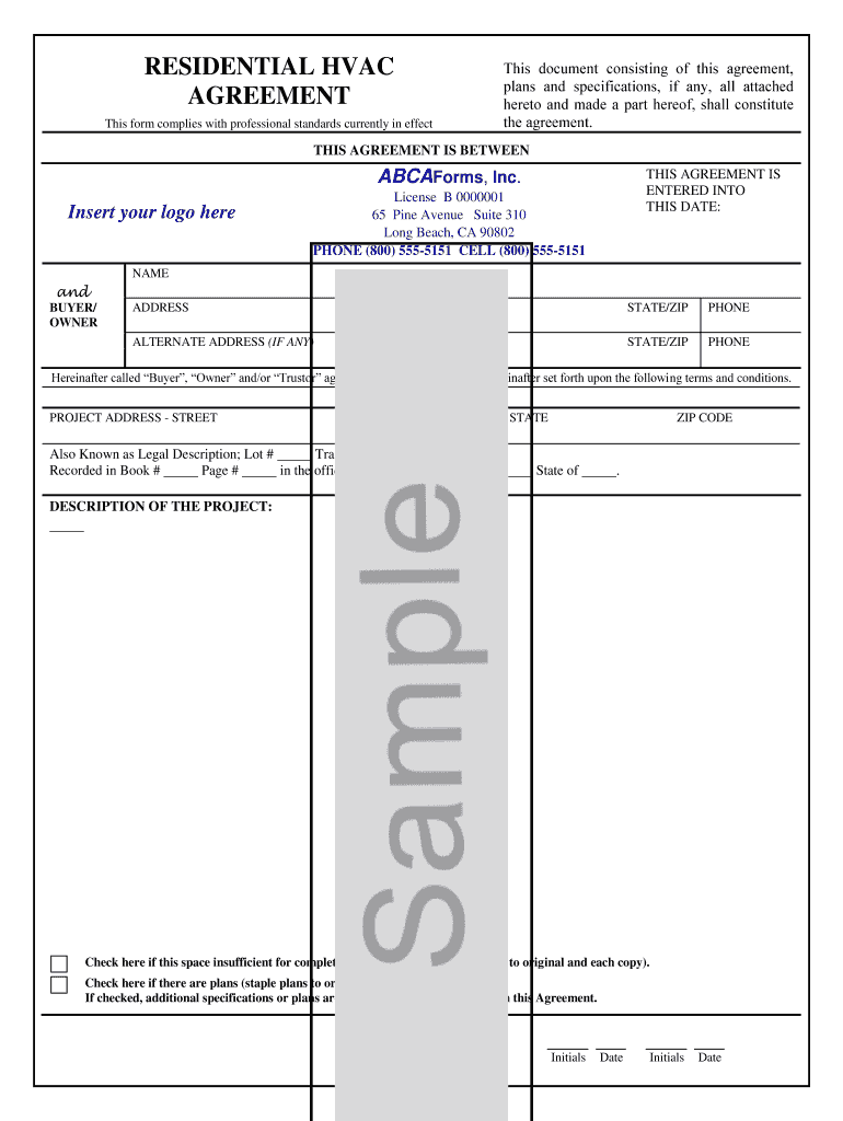 Fillable Online RESIDENTIAL HVAC AGREEMENT - ABCAForms Fax Email Print ...