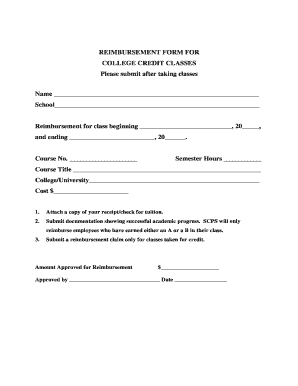 Fillable Online REIMBURSEMENT FORM FOR School Reimbursement for class ...