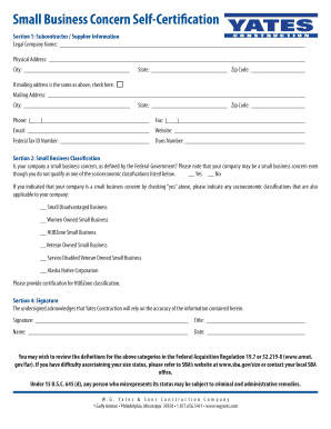 Fillable Online Small Business Concern Certification - Yates ...