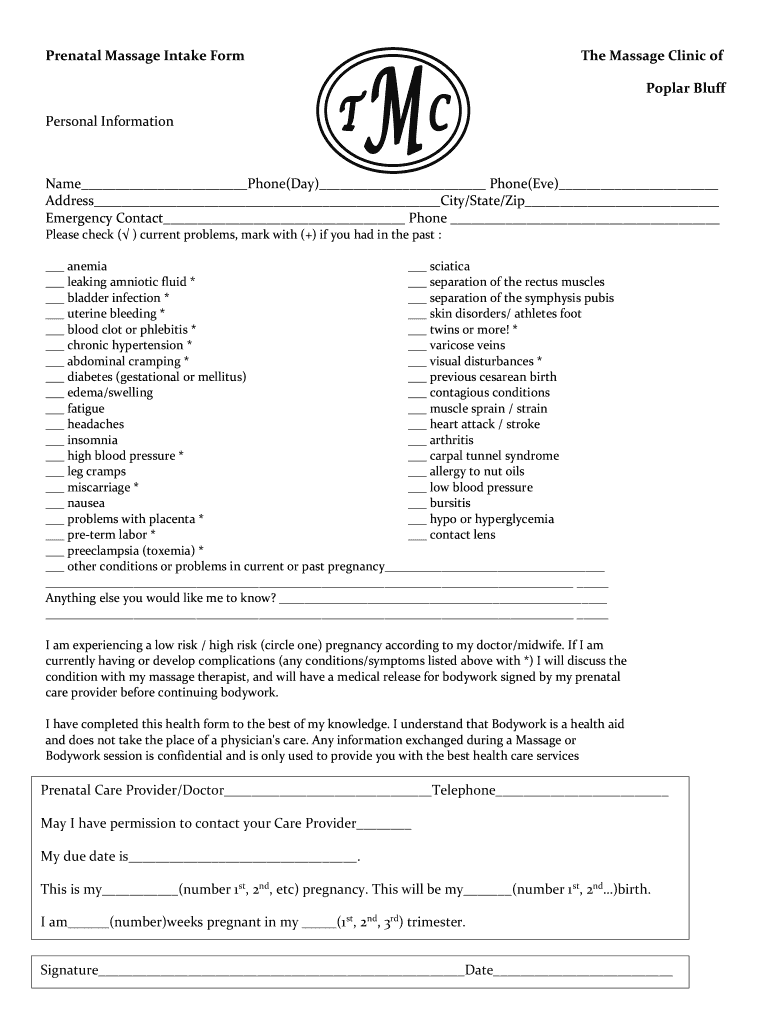 Fillable Online Prenatal Massage Intake Form The Massage Clinic of ...