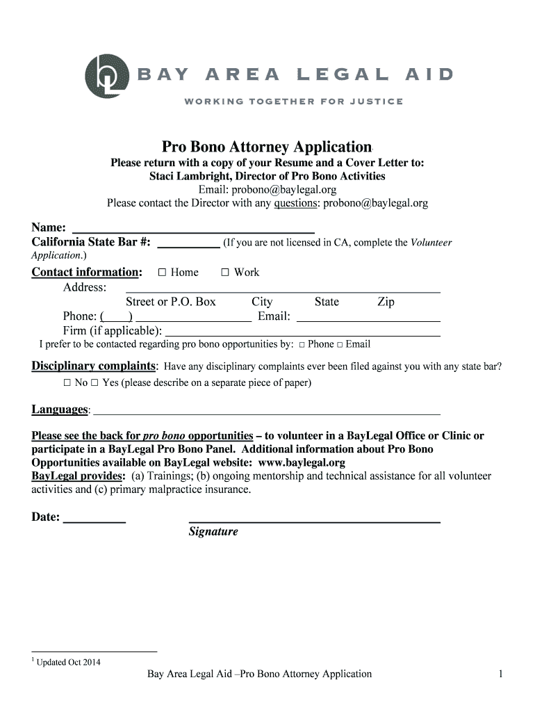 Fillable Online BayLegal Pro Bono Attorney Application Fax Email Print ...