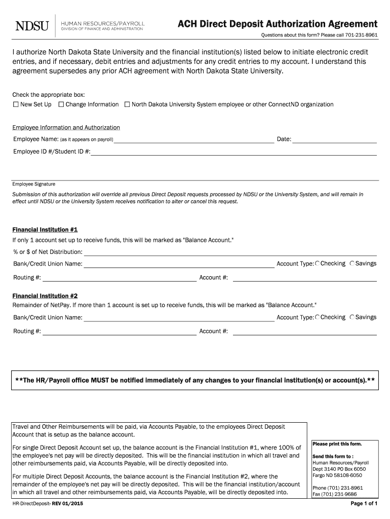 Fillable Online ndsu BACHb Direct Deposit bAuthorizationb bAgreementb ...