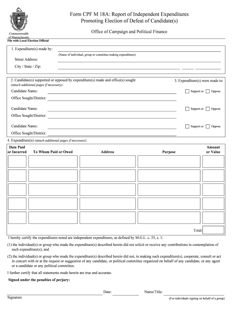 Fillable Online Form CPF M 18A Report of Independent Expenditures Fax ...