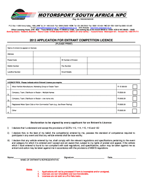 Fillable Online 2013 APPLICATION FOR ENTRANT COMPETITION LICENCE Fax ...