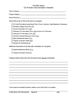 Fillable Online Provider Name CE Provider Documentation Checklist Fax ...