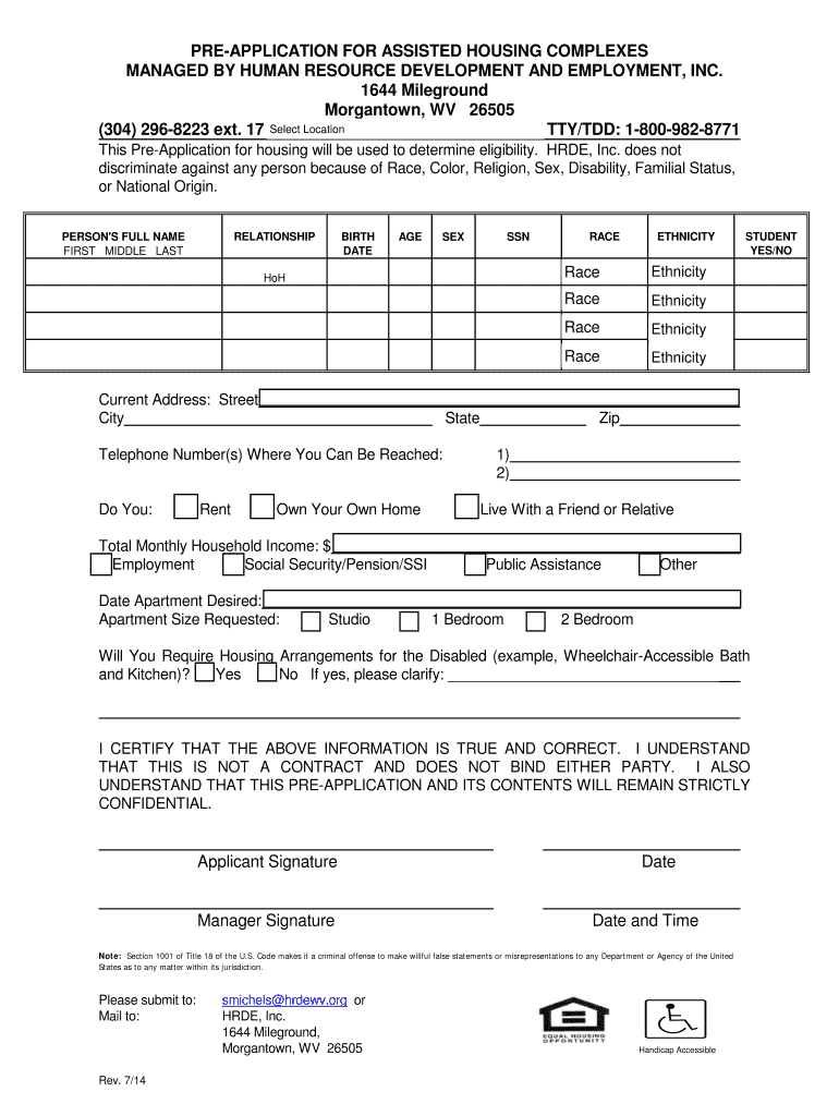 Fillable Online hrdewv PRE-APPLICATION FOR ASSISTED HOUSING COMPLEXES ...