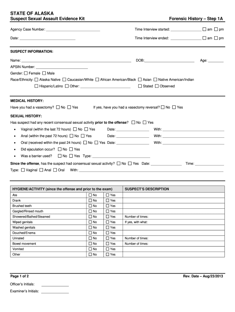 Fillable Online STATE OF ALASKA Suspect Sexual Assault Evidence Kit Fax ...