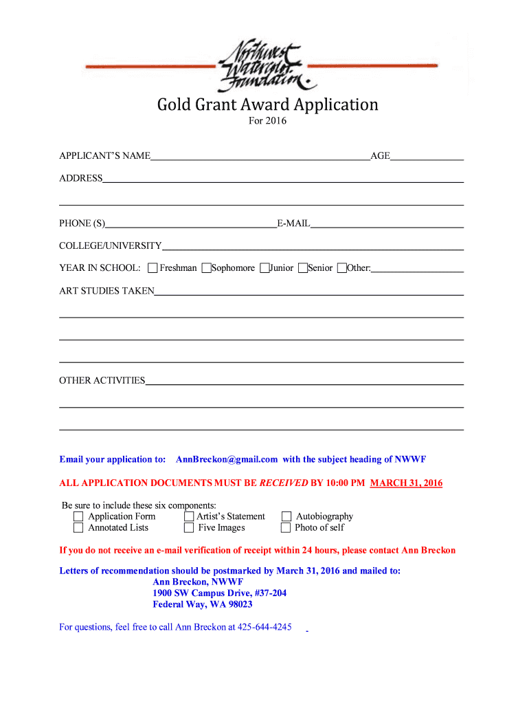 Fillable Online nwws Gold Grant Award Application - bnwwsorgb Fax Email ...