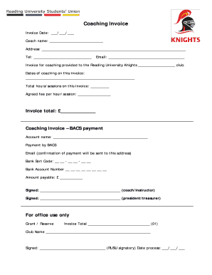 Fillable Online Coaching Invoice - RUSU Fax Email Print - pdfFiller