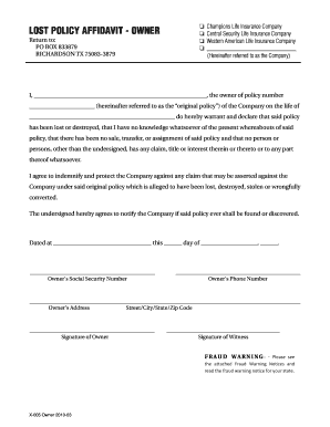 Fillable Online LOST POLICY AFFIDAVIT OWNER Fax Email Print - pdfFiller
