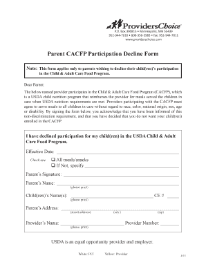Fillable Online Parent CACFP Participation Decline Form - Providers ...