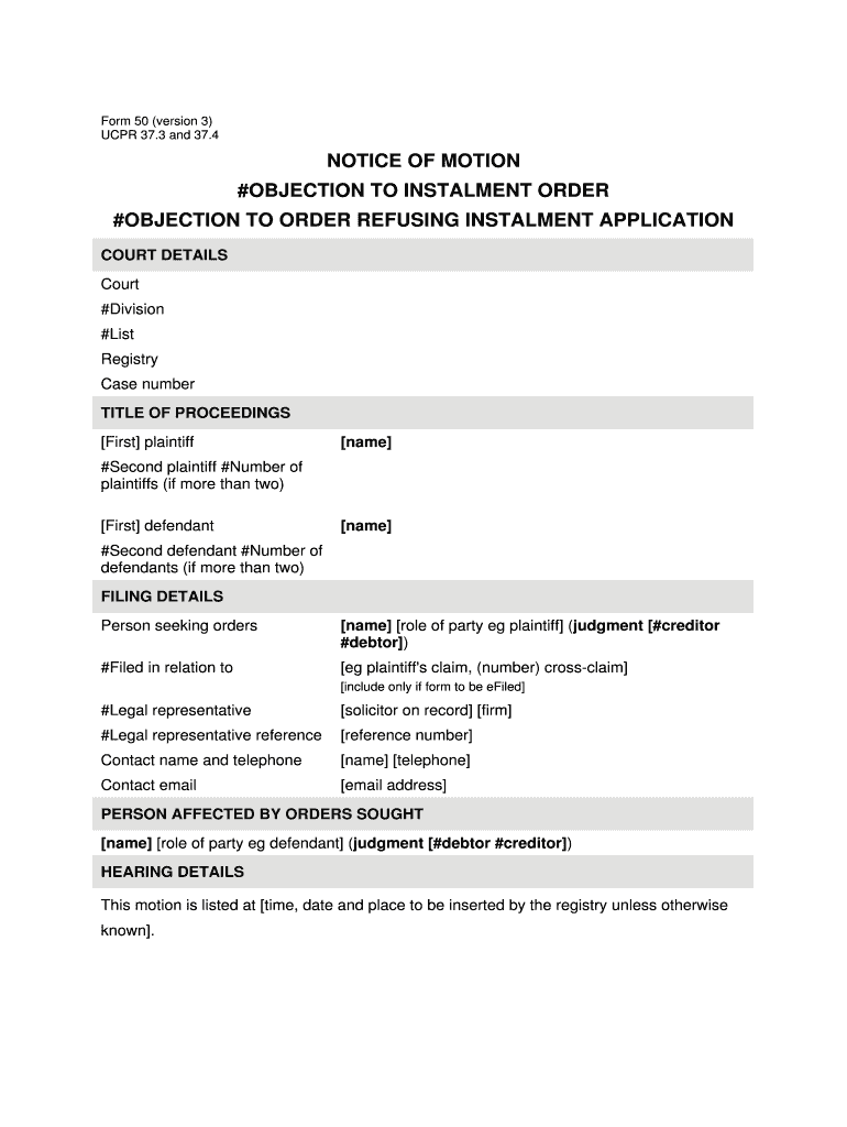 Fillable Online NSW UCPR Form 50 - Notice of motion objection to Fax ...