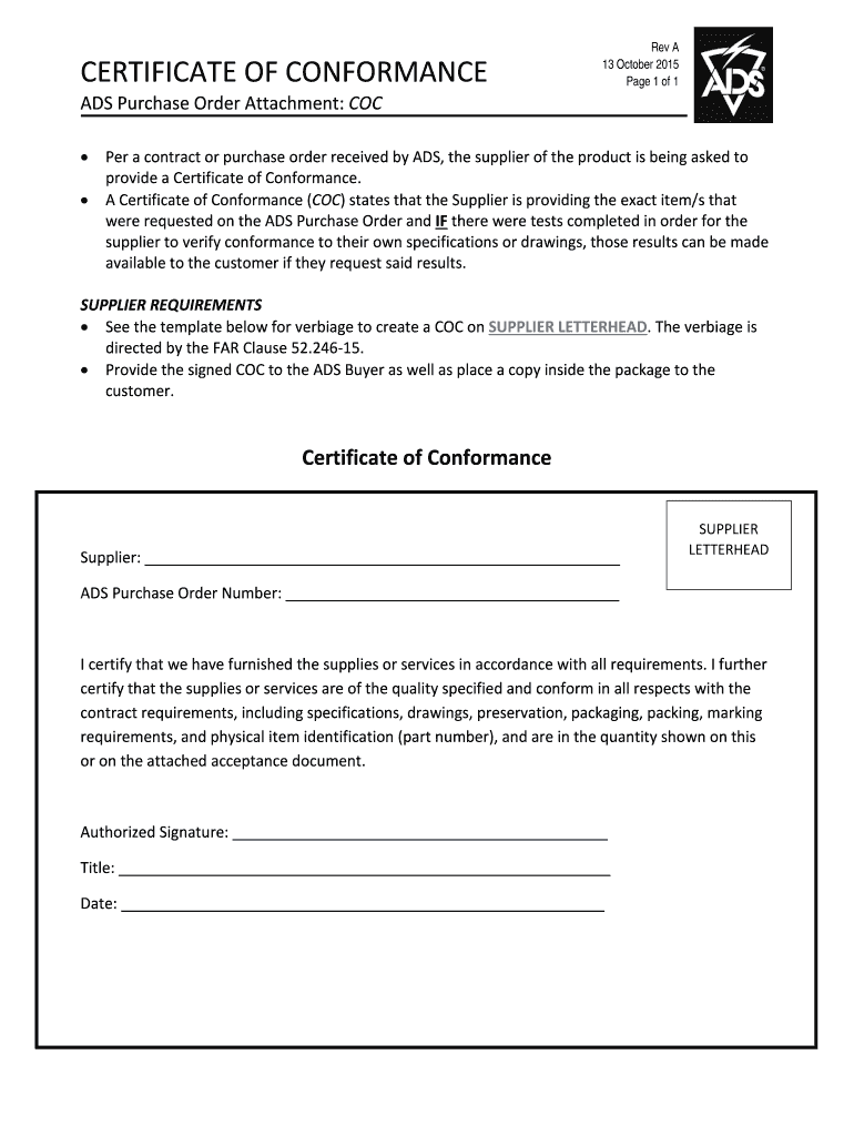 Fillable Online ADS Purchase Order Attachment COC Fax Email Print ...