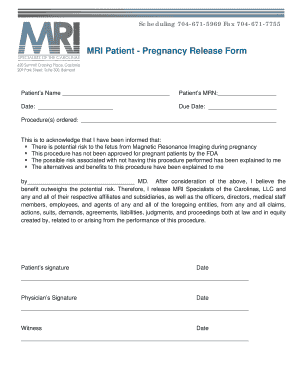 Fillable Online MRI Patient - Pregnancy Release Form Fax Email Print ...