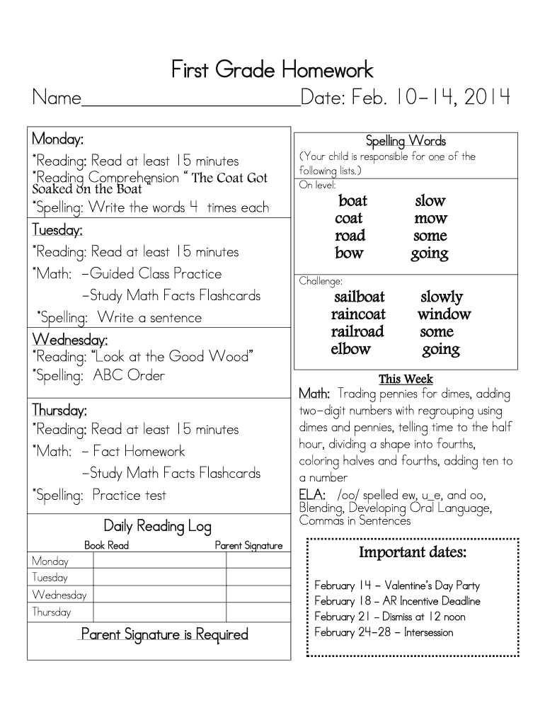 Fillable Online tmisd First Grade Homework - tmisd Fax Email Print ...
