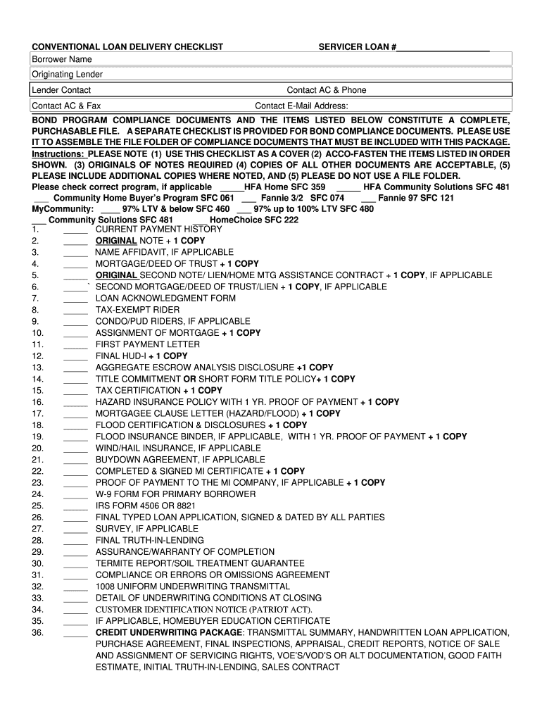 Fillable Online CONVENTIONAL LOAN DELIVERY CHECKLIST Fax Email Print - pdfFiller