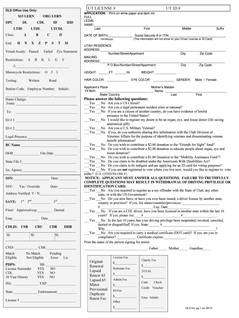 Fillable Online utahdriverslicense DPC or UT DL UT ID - Utah Drivers ...