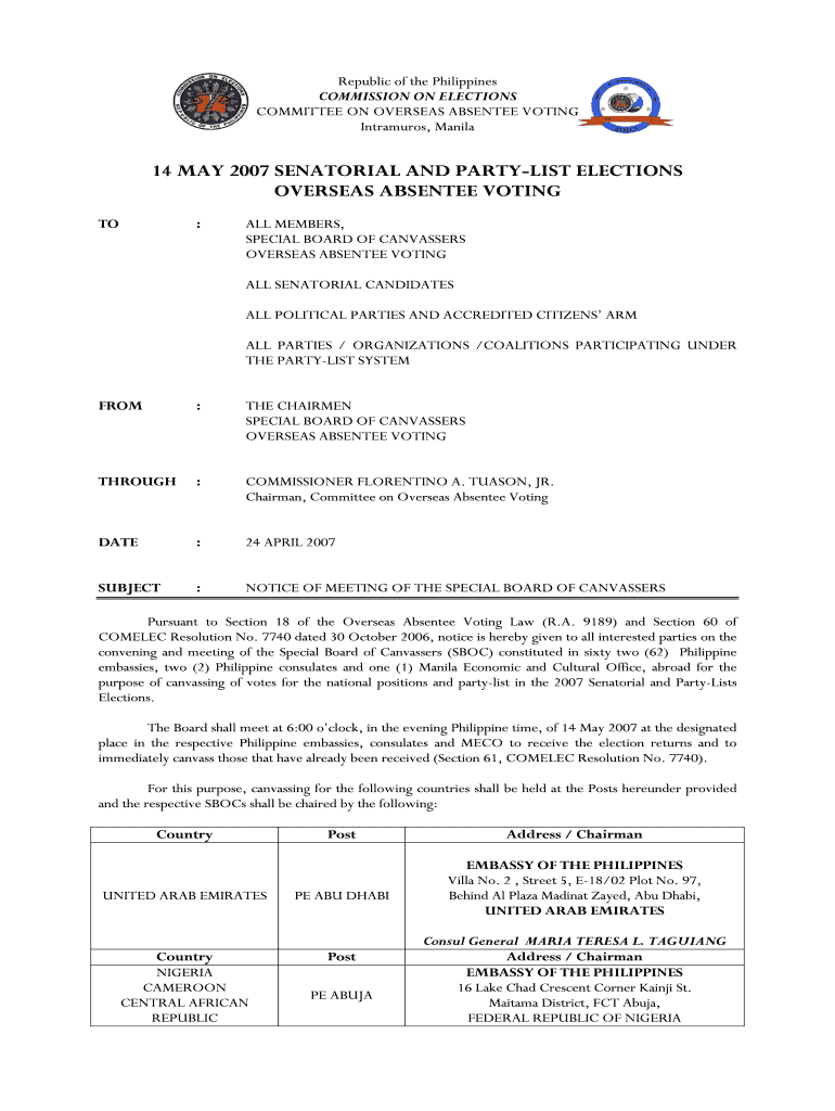 Fillable Online 14 MAY 2007 SENATORIAL AND PARTY-LIST ELECTIONS ...