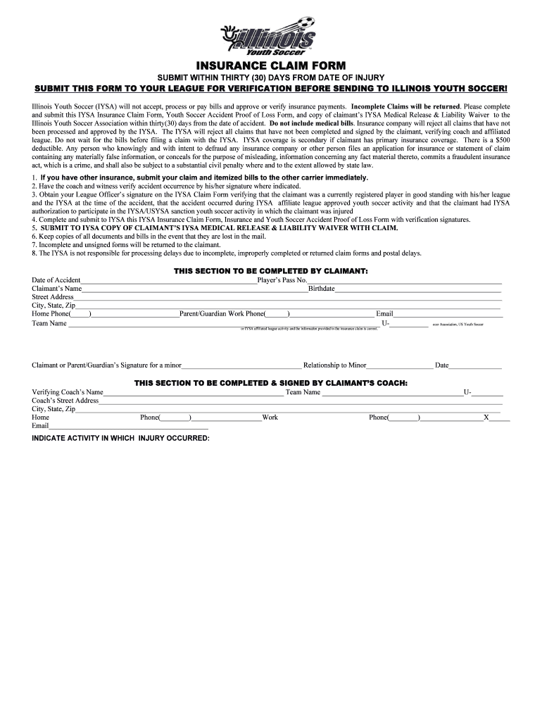 Fillable Online INSURANCE IYSA CLAIM FORM - Illinois Youth Soccer Fax ...