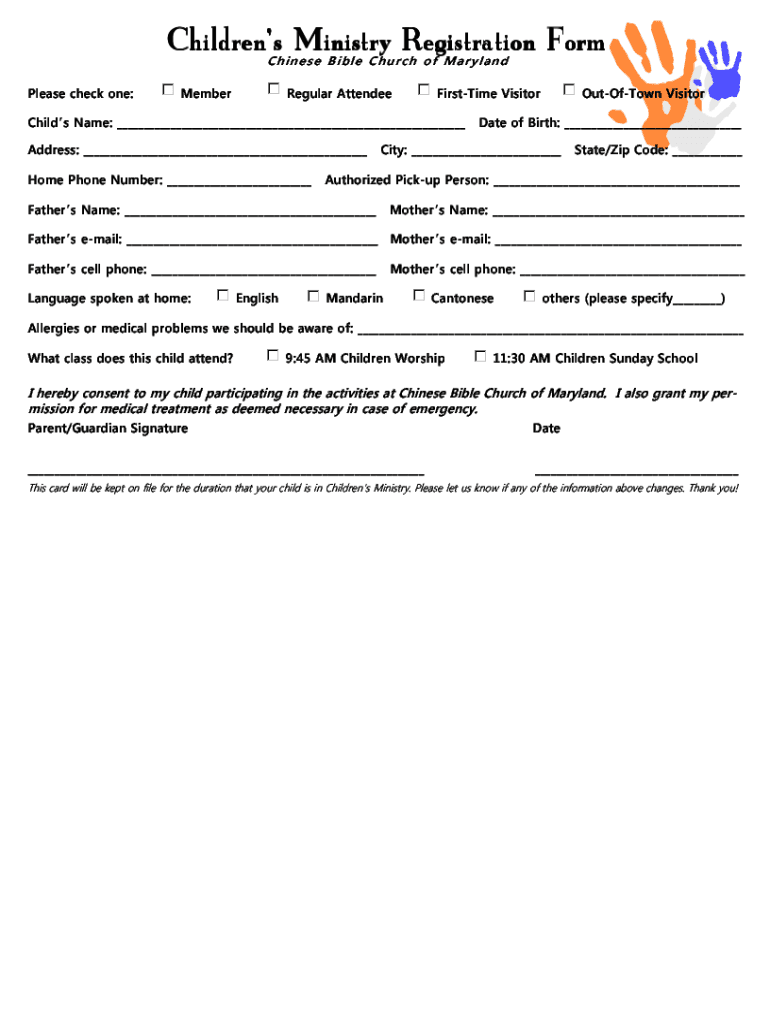 Fillable Online Children's Ministry Registration Form.pub Fax Email ...