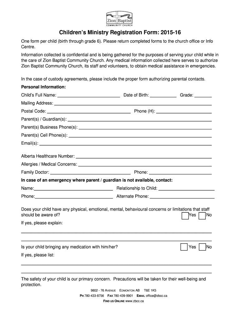 Fillable Online Children s Ministry Registration Form Fax Email Print ...