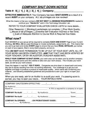 Fillable Online COMPANY SHUT DOWN NOTICE Fax Email Print - pdfFiller