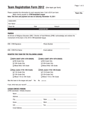Fillable Online Team Registration Form 2012 One team per form Fax Email ...