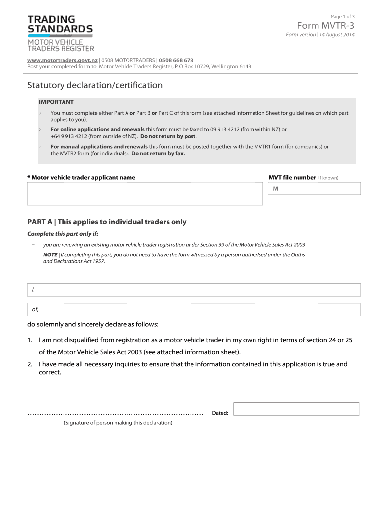 Fillable Online motortraders govt BFormb MVTR3 - bStatutoryb ...