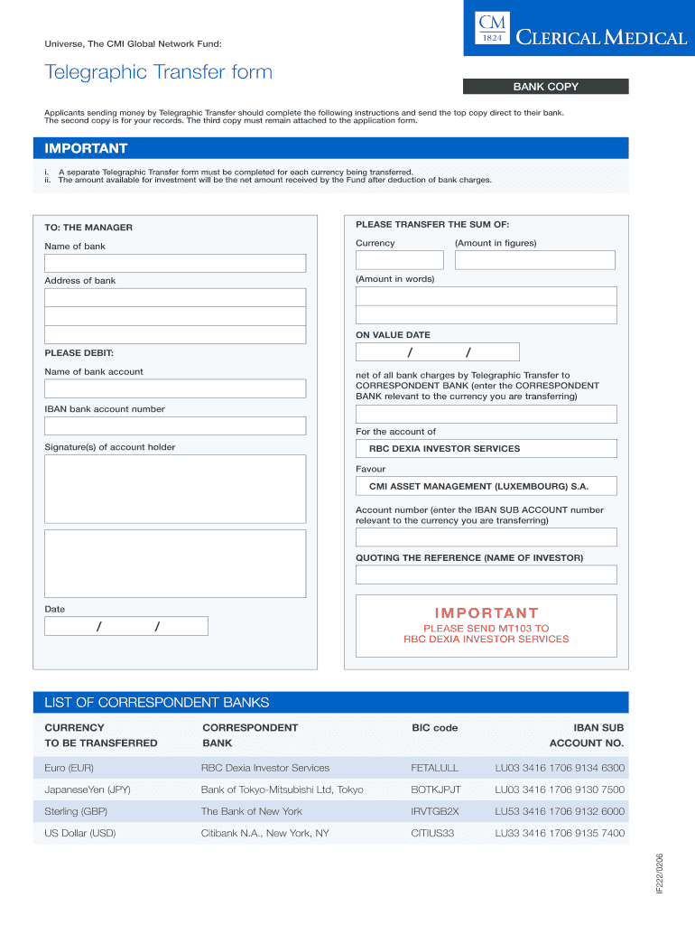 Fillable Online Universe The CMI Global Network Fund Telegraphic ...